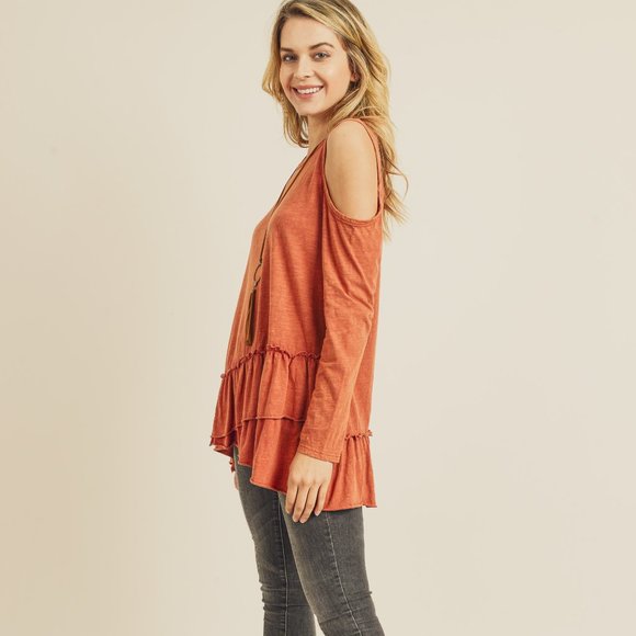 Doe & Rae | Tops | Cold Shoulder Top Angled Ruffle Hem Brick Rust ...